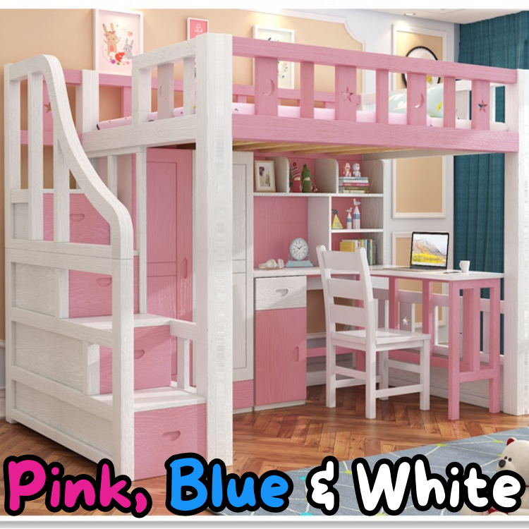 Children Wood Loft Bed Room Set Study Desk Table Wardrobe Stair Cabinet ...