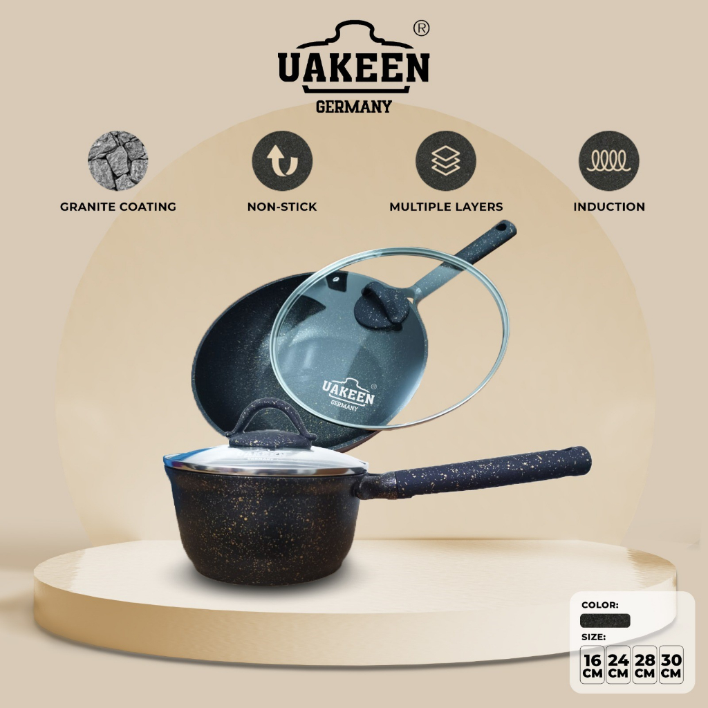 [UAKEEN GERMANY] 16 24 28 30Cm Die-Cast Granite Non-Stick Coating Frying Pan With Lid / Kuali ...