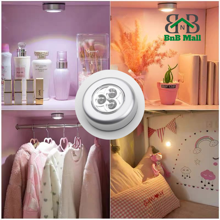 Mini Wireless 3 LED Push Touch Lamp Circle/Square Cabinet Closet Night ...
