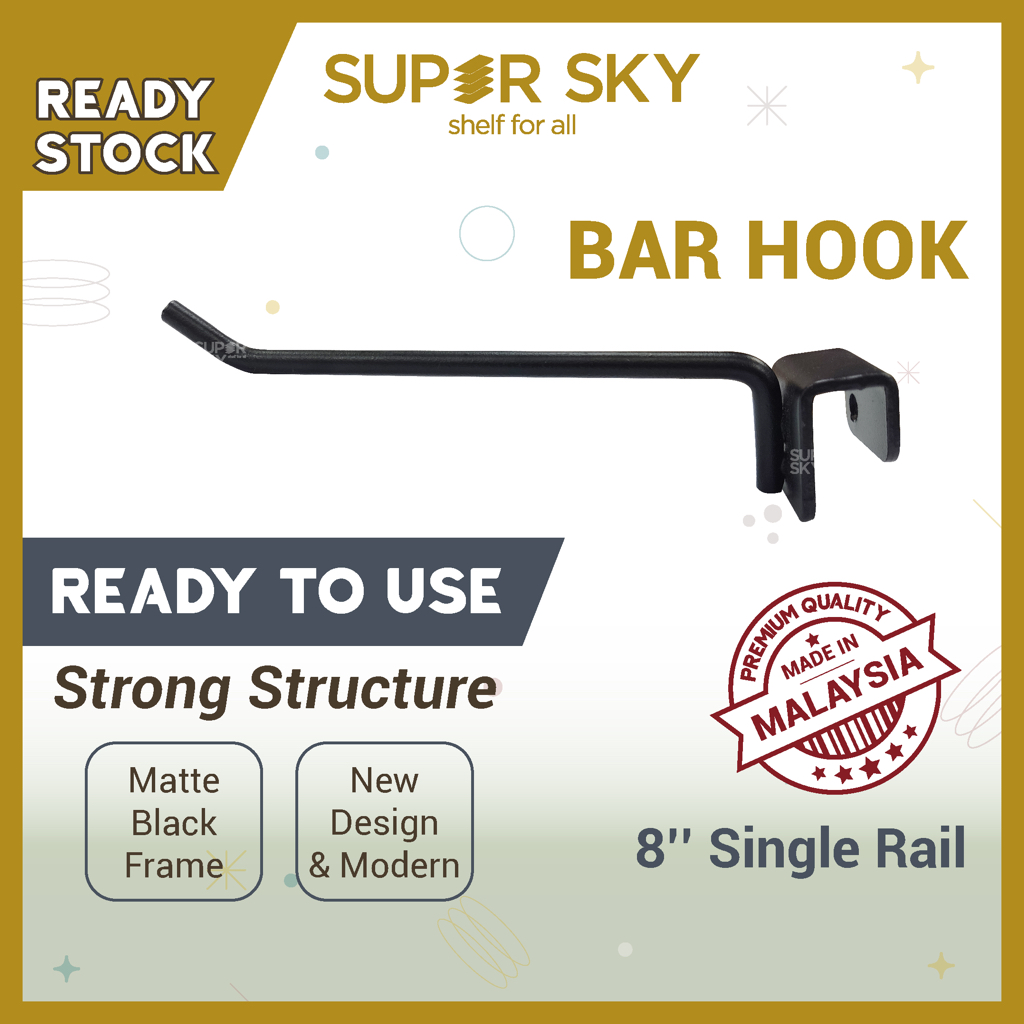GONDOLA RACK BAR HOOK 8" Single Rail C/w 10 pcs per pack fits in 12mm x ...