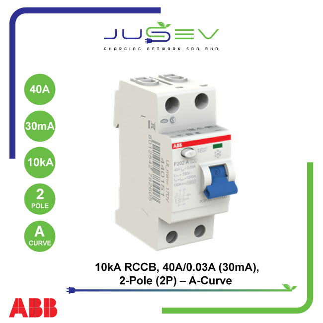 ABB 10kA RCCB/ELCB F202 | 40A/0.03A (30mA) | 2-Pole (2P) | A-Curve | Shopee Malaysia