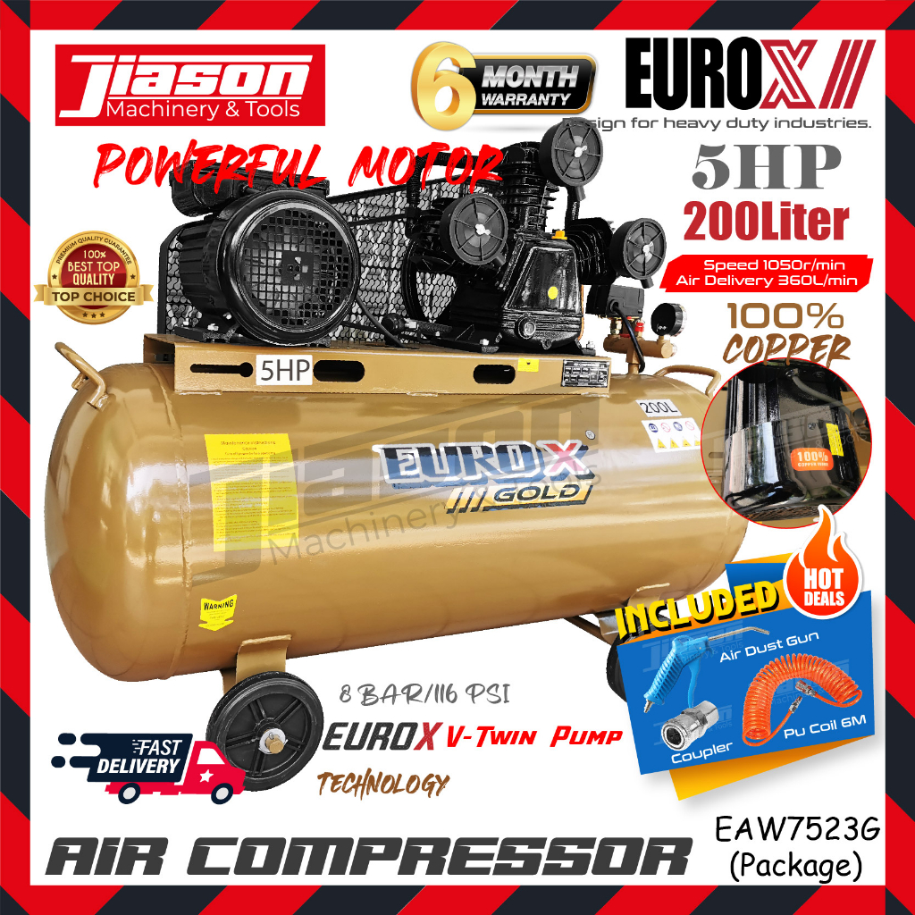 【NEW】 EUROX GOLD EAW7523G / EAW-7523G 200L 5HP 8Bar Air Compressor / Kompressor 1050RPM | Shopee ...