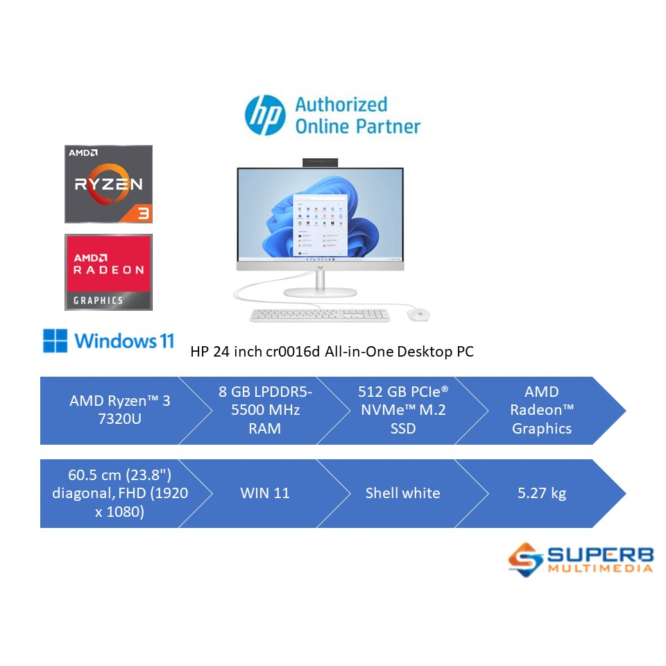 HP All-in-One 24-CR0142D All-in-One Desktop PC (AMD R3 7320U/8GB LPDDR5 ...