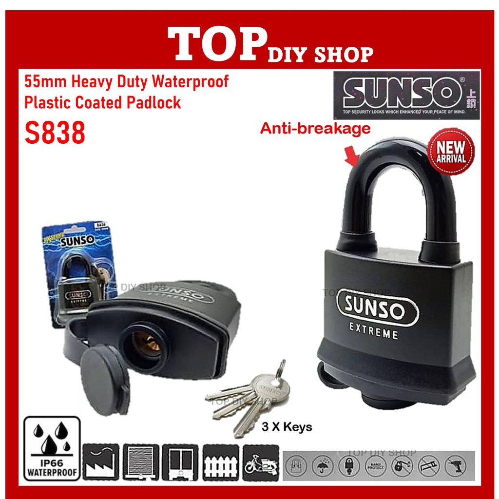 SUNSO S838 55mm Heavy Duty Waterproof Plastic Coated Padlock | Shopee ...