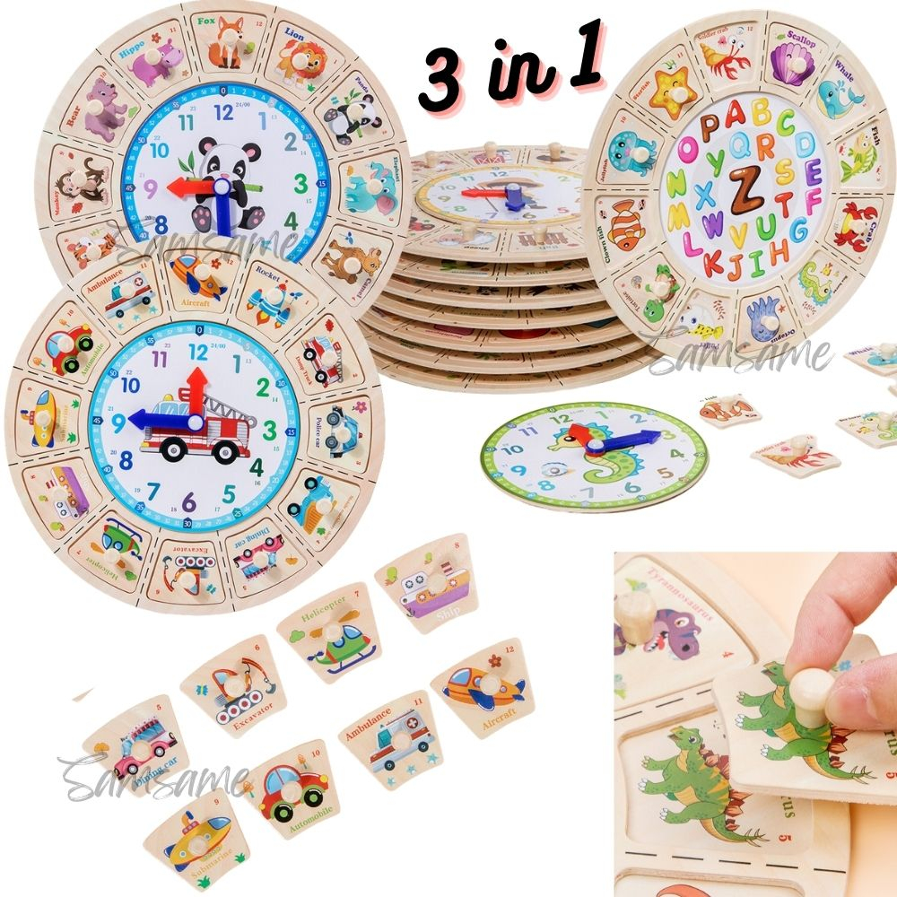 3 in 1 WOODEN RECOGNITIVE PUZZLE CLOCK Kid Early Learning Education ABC ...