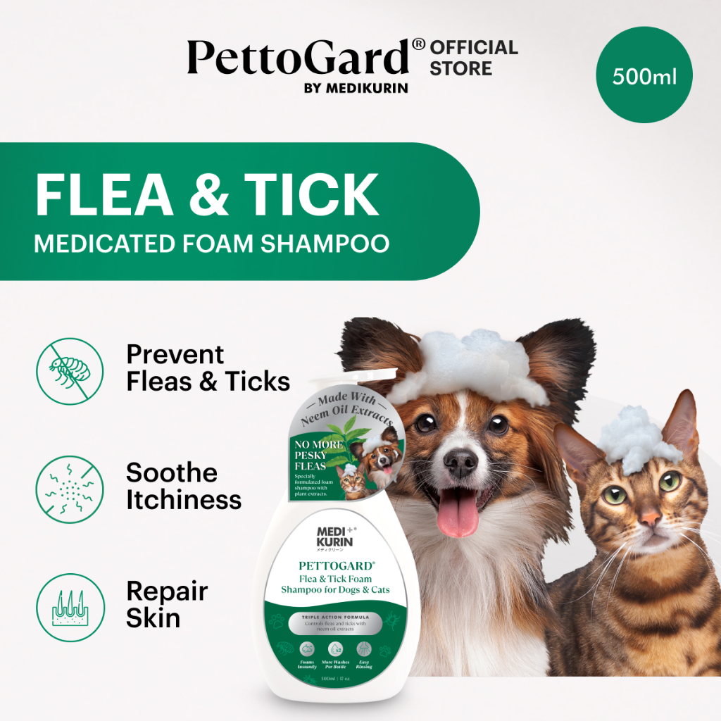 PettoGard Flea & Tick Foam Shampoo for Dogs & Cats 500ml (for pest infestation, skin problems ...