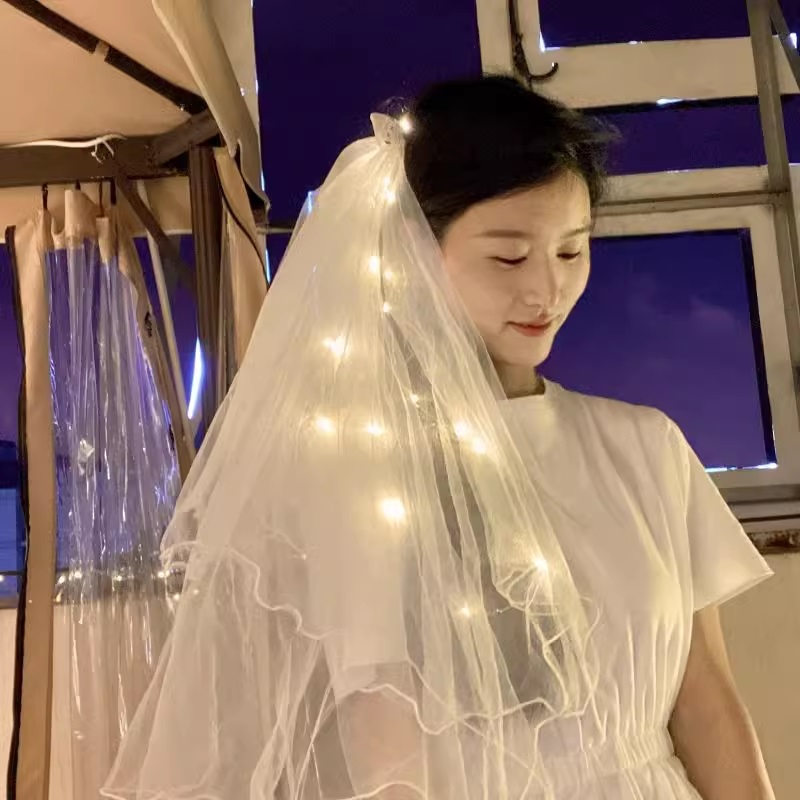 头纱网红拍照道具带灯闪光 LED Light Bride Veil Birthday Headdress Fashion Pearl ...