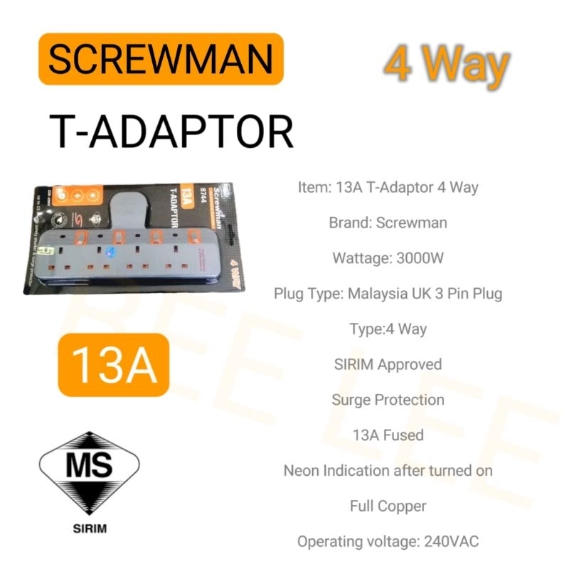 Screwman 4Way T- Adaport / T-Adaptor Socket Extension Plug Neon ...
