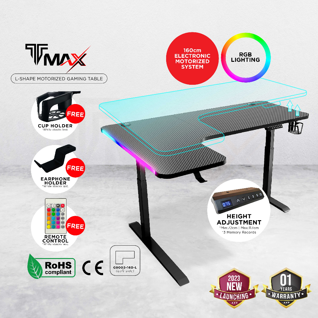 TMAX L160cm L-Shape Smart Lifting Gaming Table Adjustable Height Table ...