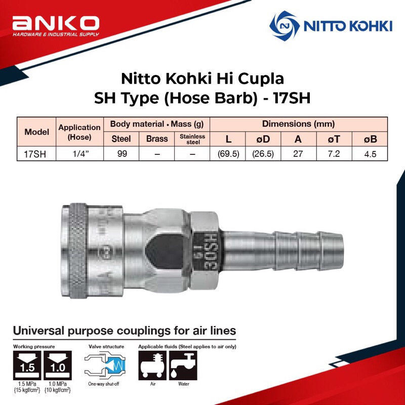 Nitto Kohki Hi Cupla 17 SH Socket Hose Nitto Coupler Air Cupla Air Hose Coupler Compressor ...