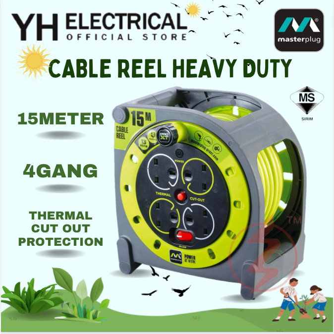 MASTERPLUG 15M Cable Reel 4 Gang Socket Work Extension HEAVY DUTY SIRIM ...