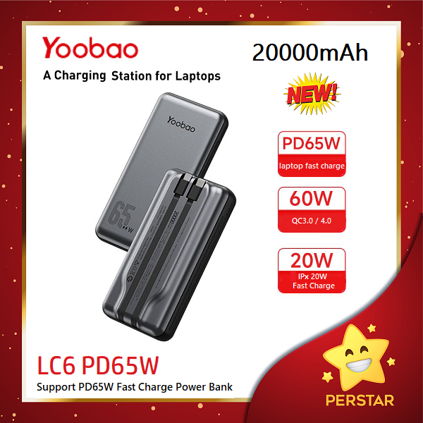 Yoobao LC6-65W 20000mAh PD65W/QC3.0 60W/SCP22.5W Quick Charge Power Bank Built-in Cable (Type-C ...