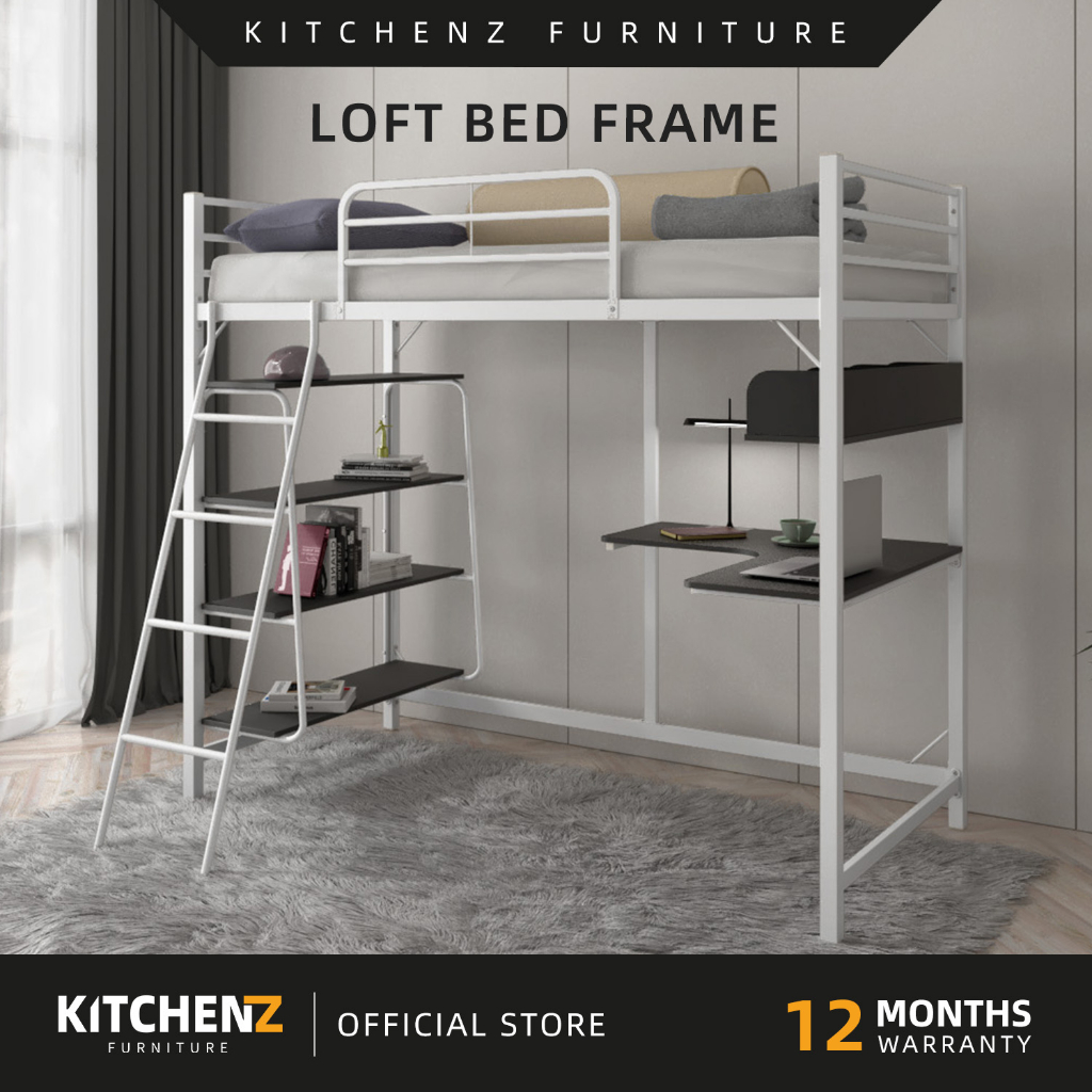 KitchenZ 3V Loft Single Size Bed Frame with Study Table & Book Shelves ...