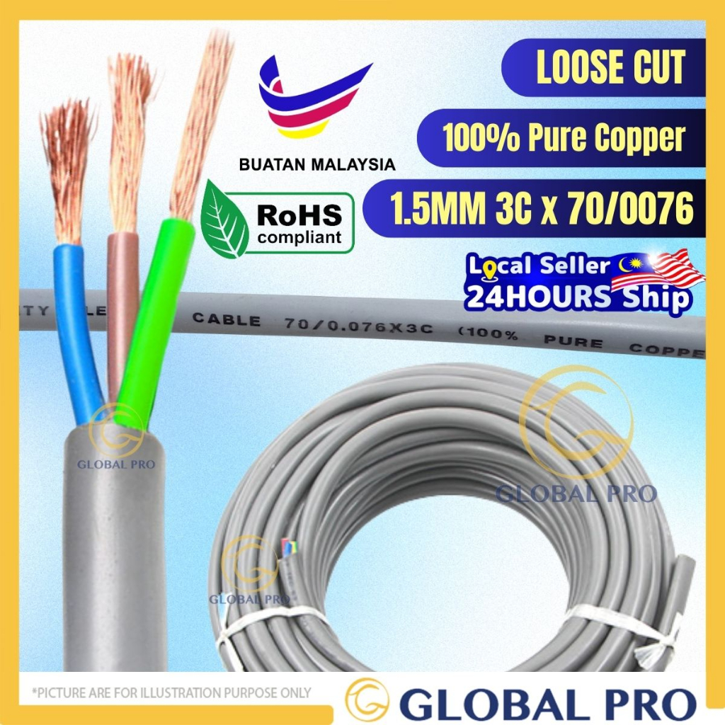 [LOOSE CUT] 1.5MM 3 Core X 70/0076 Full Copper Made In MALAYSIA ...