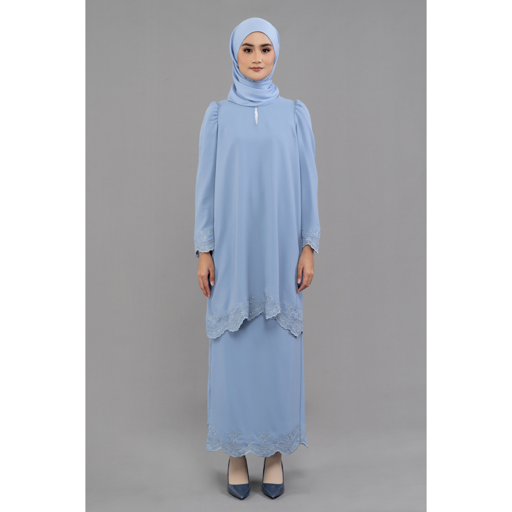 Sonia Embroidery Loose Baju Kurung in Dusty Blue/ Baju Kurung Chiffon ...