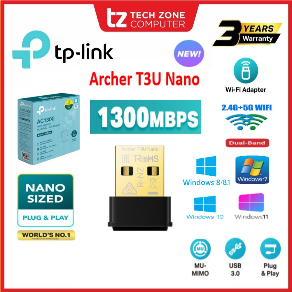 TP-Link Archer T3U Nano AC1300 Nano Wireless MU-MIMO USB Adapter WIFI Dongle laptop desktop ...