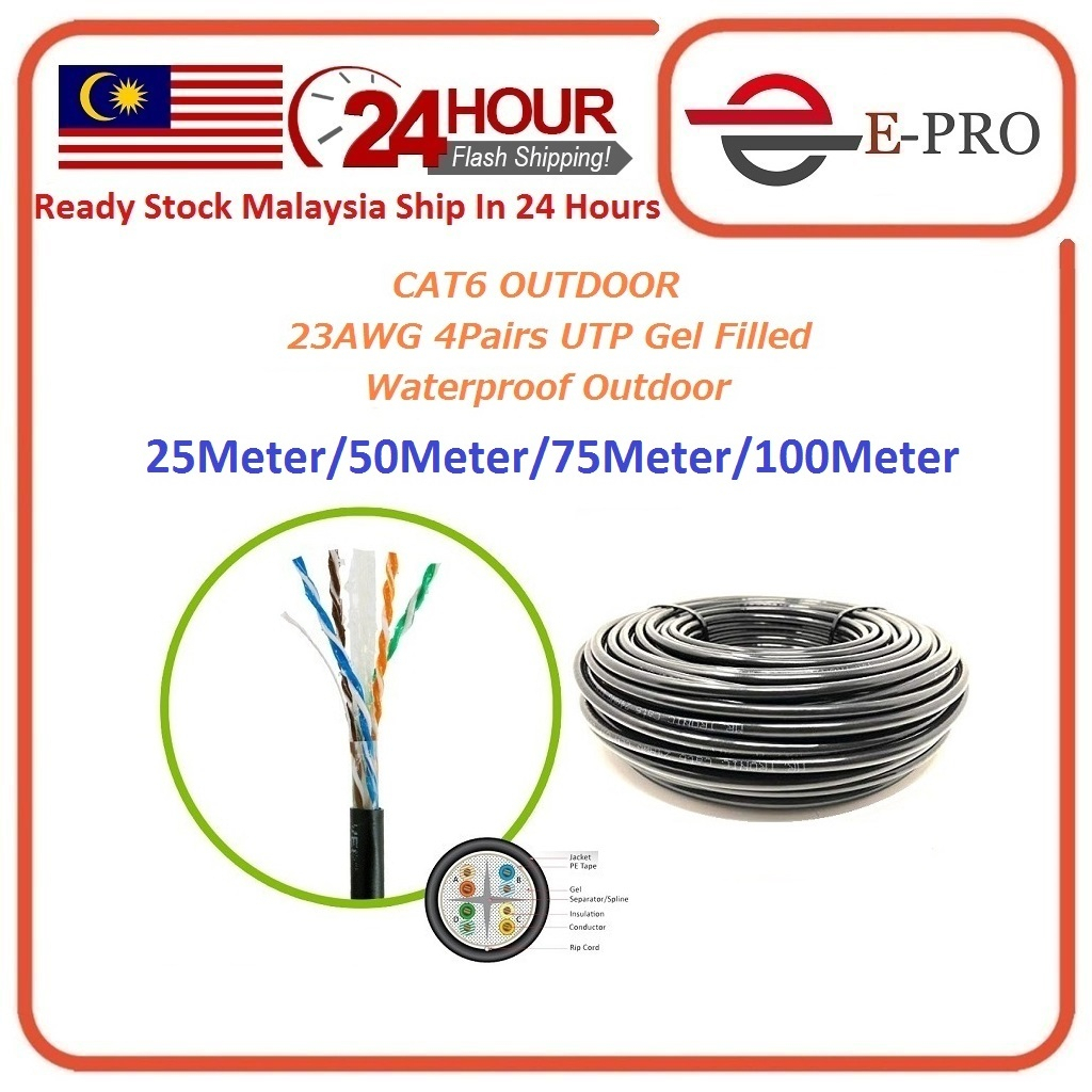 25M/50M/75M/100Meter UTP CAT6 PE OUTDOOR JELLY FILLED NETWORK CABLE 100% SOLID FULL COPPER ...