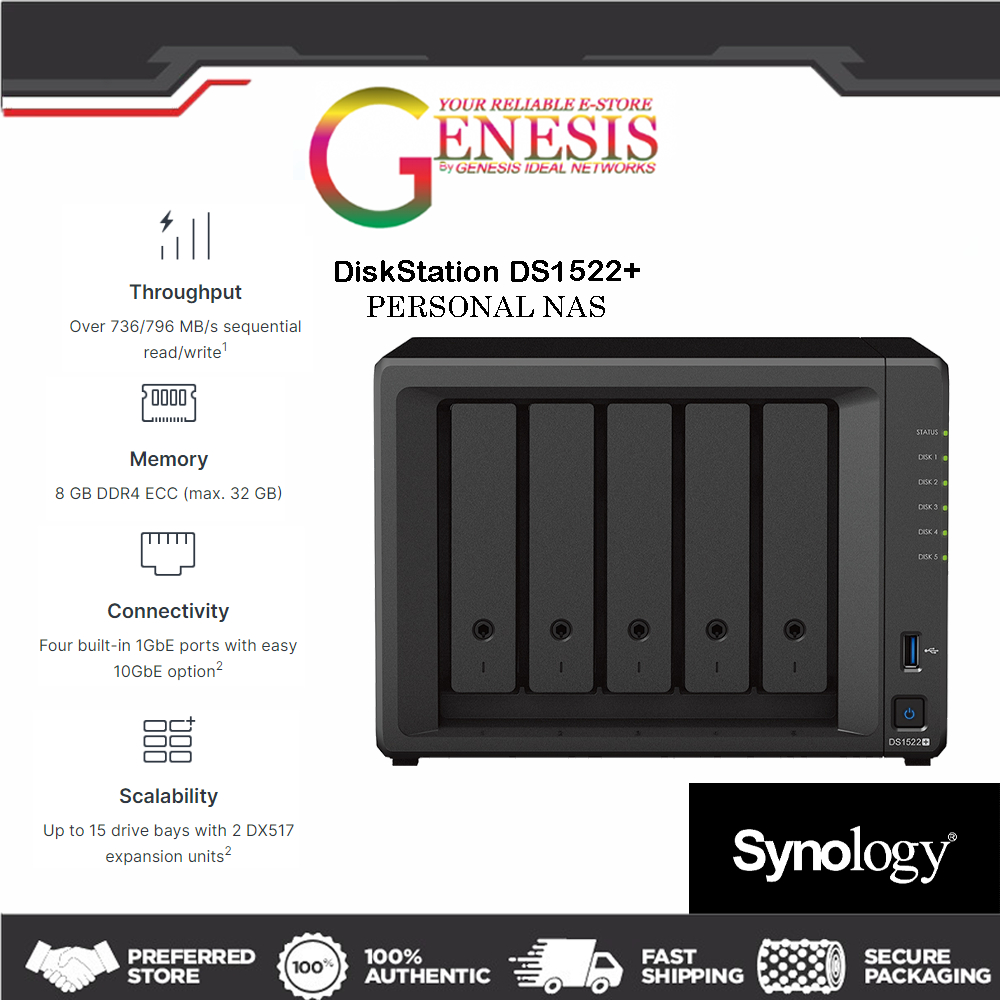 Synology DiskStation DS1522+ 5-Bays NAS With AMD Ryzen R1600 / 8 GB ...