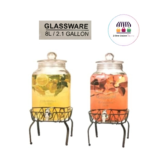 8 LT Glass Beverage Dispenser with Glass Lid Juice Dispenser Drink ...