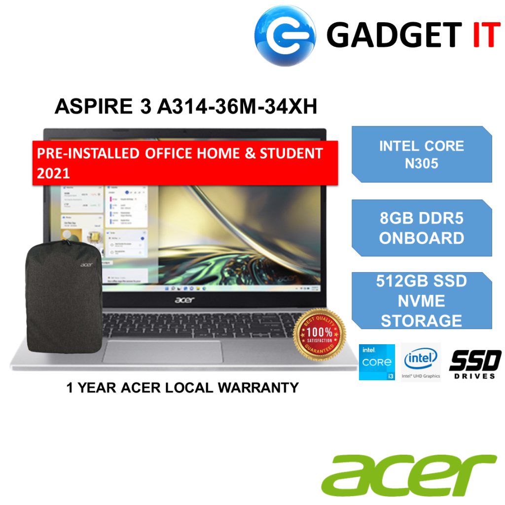 ACER ASPIRE 3 A314-36M-34XH LAPTOP (I3-N305,8GB,512GB SSD,14"FHD,UHD GRAPHICS,WIN11)FREE BACPACK ...