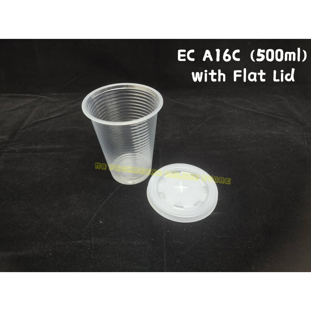 EC A16C (500ml) PP Plastic Cup (16oz) with "Flat Lid" -100sets ± ...