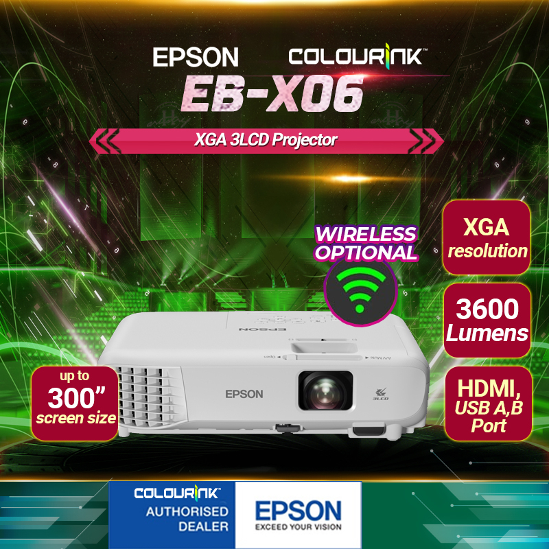 Epson EB-X06 XGA 3LCD Projector 3,600 Lumen High Brightness Build-In ...