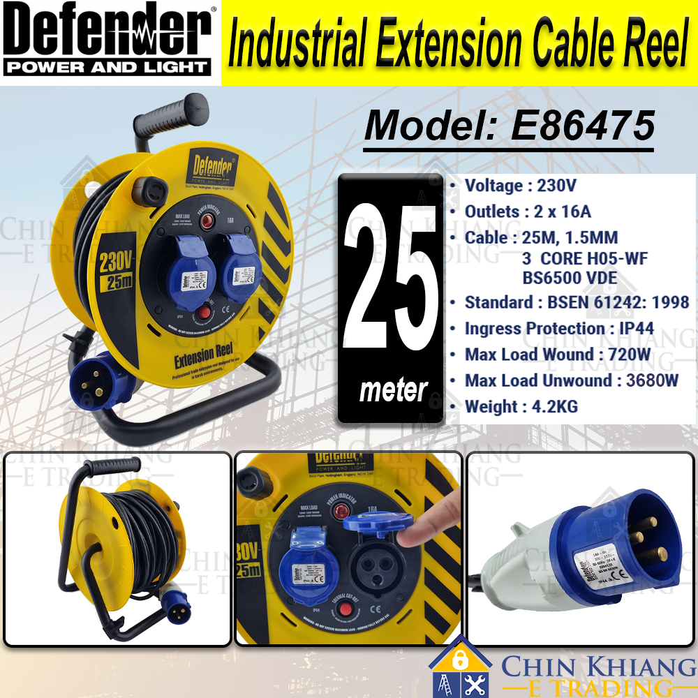 Defender 25M 2-Way Industrial Extension Wire Cable Reel 230V 16A E86475 ...