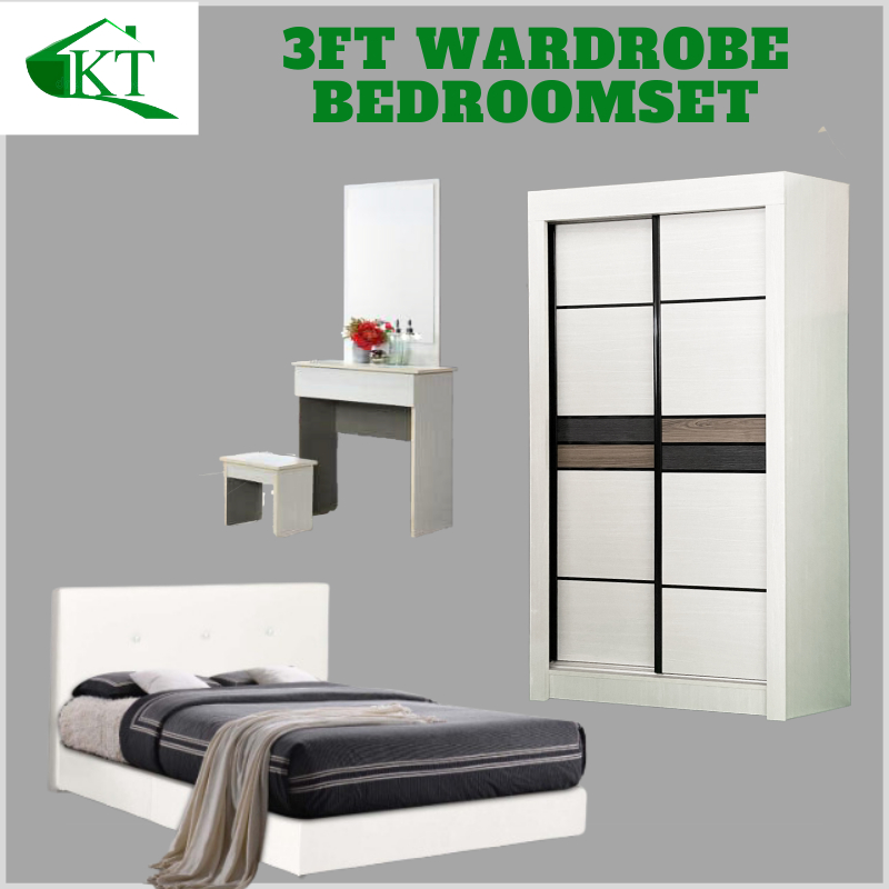 KT FURNITURE Bedroom Set 3ft Sliding Door Wardrobe Queen Bedframe Bedside Dressing Table Set ...