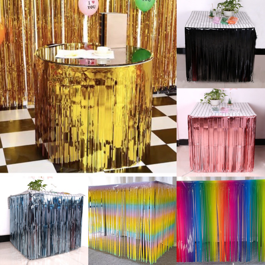 Ready Stock Metallic Macaron Fringe Foil Table Skirt Tinsel Table ...