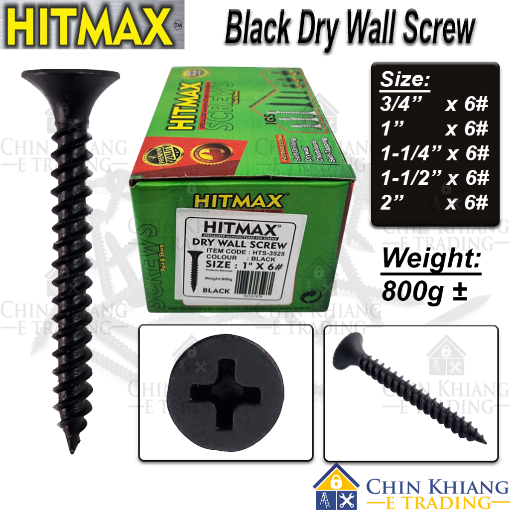 [3/4" - 3"] Hitmax Black Dry Wall Screw Black Screw Counter Sunk Flat ...