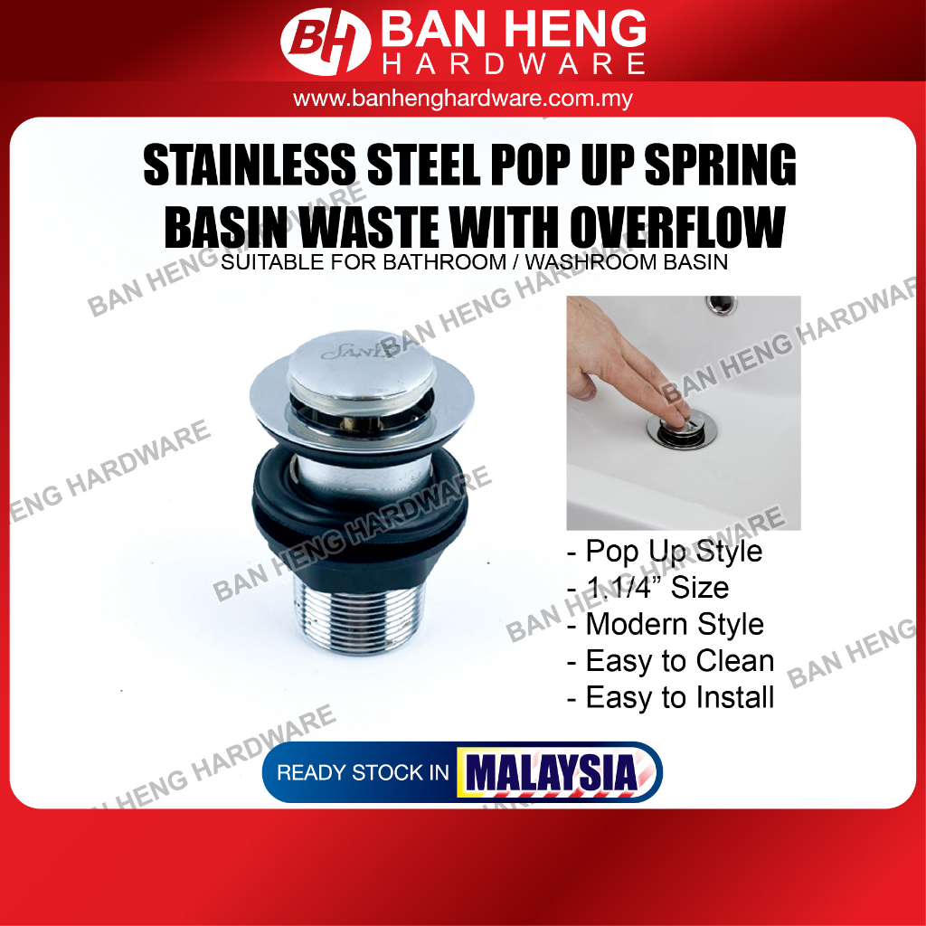 Bathroom Pop Up Sink Basin Waste Overflow Push Button Water Tap 1.1/4 ...