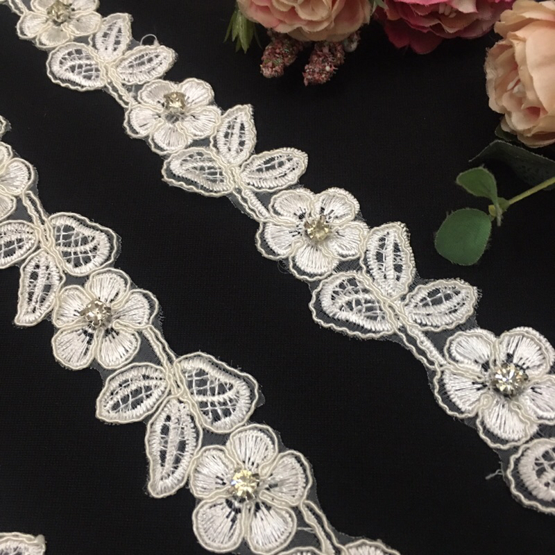 0292_50cm 10x Flowers Boeder Lace Flowers with Glass Rhinestones for ...