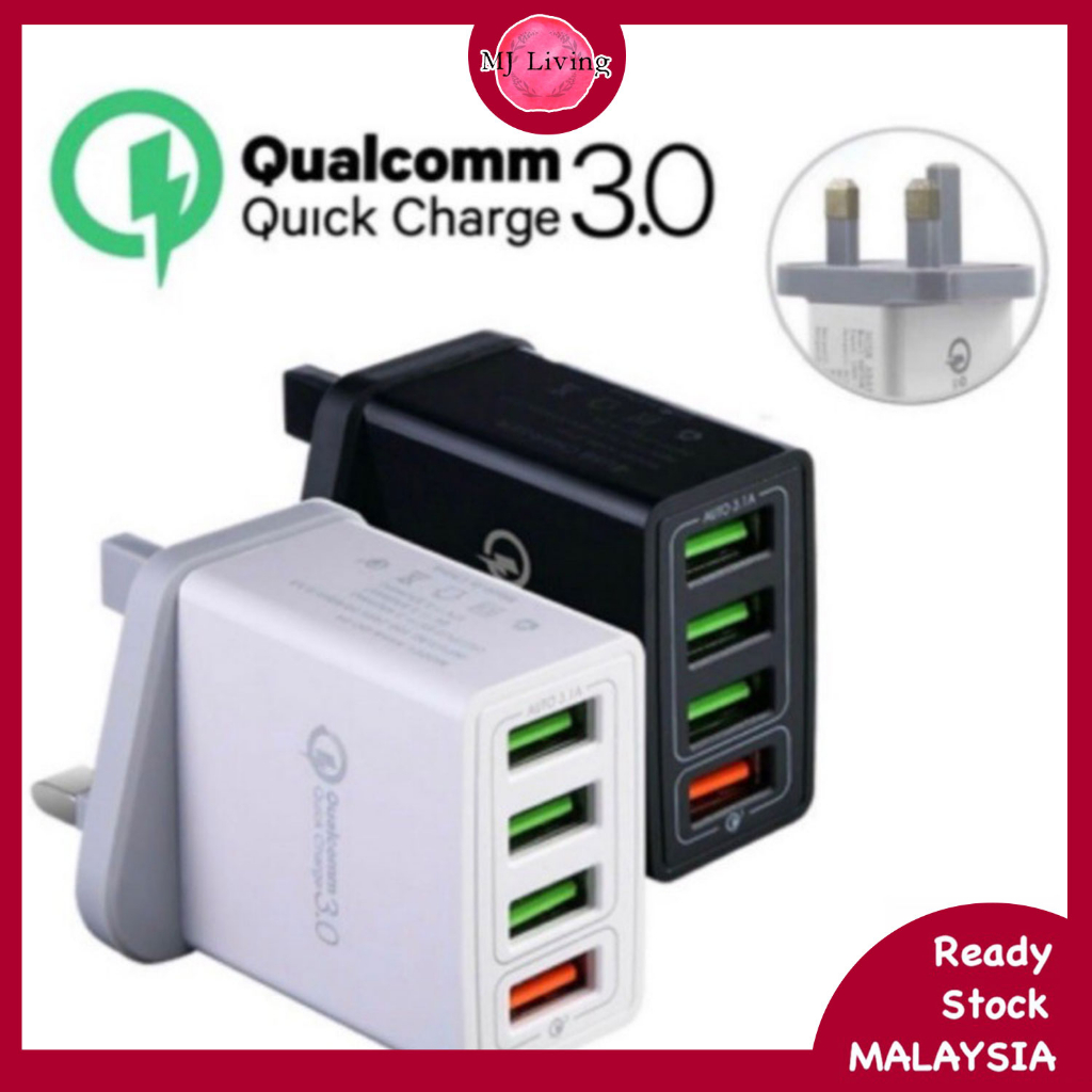 Quick Charge 4 Port Charger USB Fast Charging Adapter 3 Pin UK Plug ...