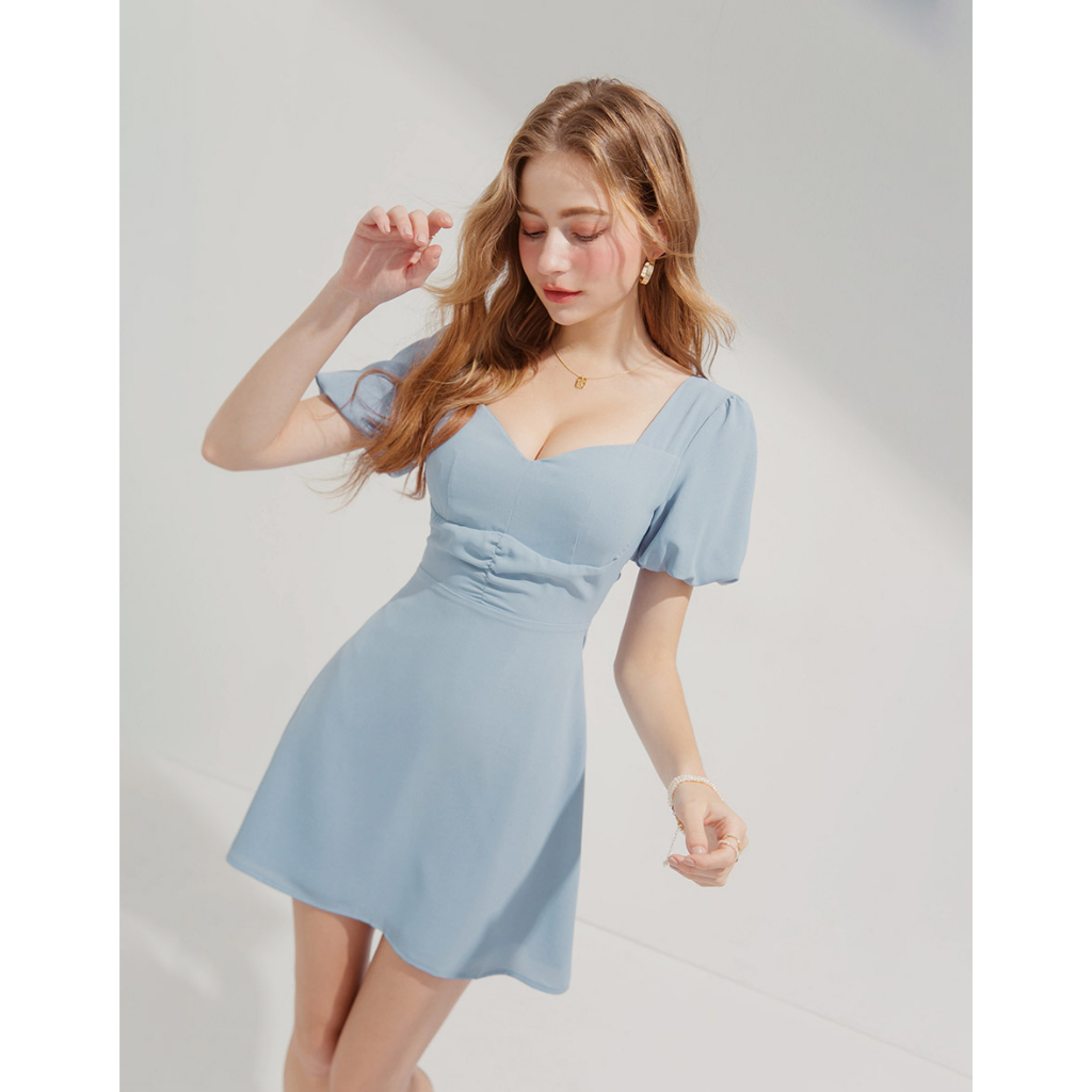 AIR SPACE Peach Heart Neck Puffed Sleeves Strap Mini Dress (With Chest ...