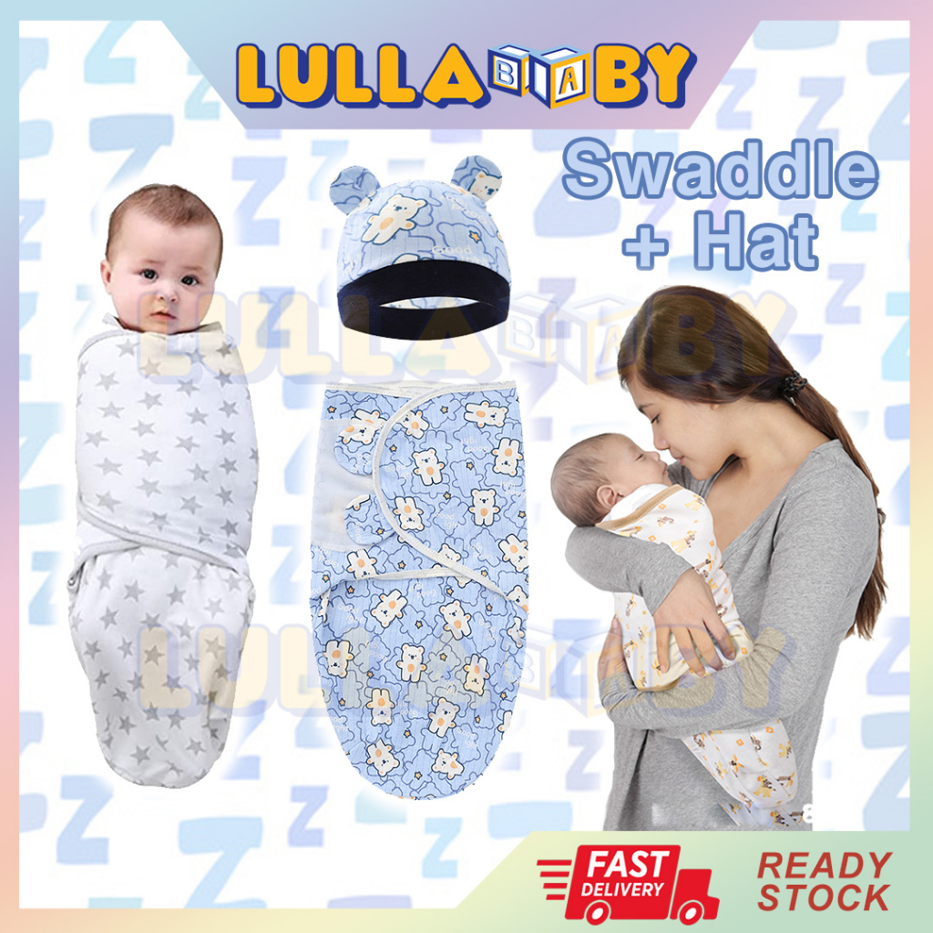 🔥READY STOCK🔥2pcs Set Baby Swaddle with Hat Newborn Baby Wrap Bedung ...