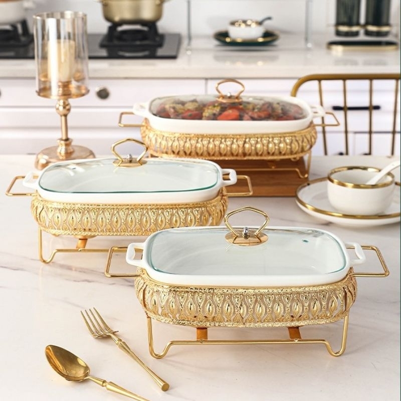 Ceramic Gold Buffet Tray Glass Lid Food Tray | Shopee Malaysia