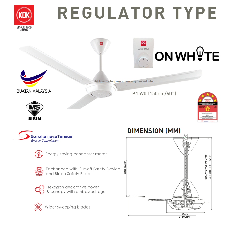 KDK K15WOS 60" 3 BLADE /56"3 Blade Ceiling Fan Regulator Type (White ...