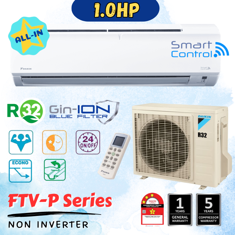 Daikin Wall Mounted R32 Air Conditioner 1.0hp with WiFi R32 Non Inverter FTV-PB Series Gin ion ...