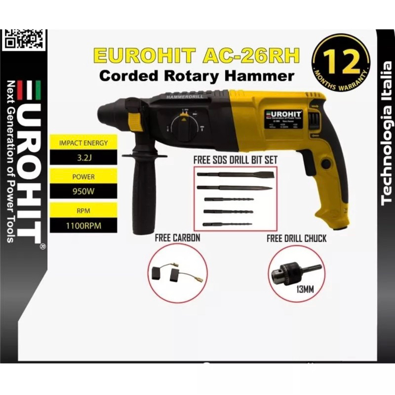 (NEW STOCK 2024) EUROHIT ITALY 1080W 3 IN 1 Rotary Hammer DRILL AC-26RH ...