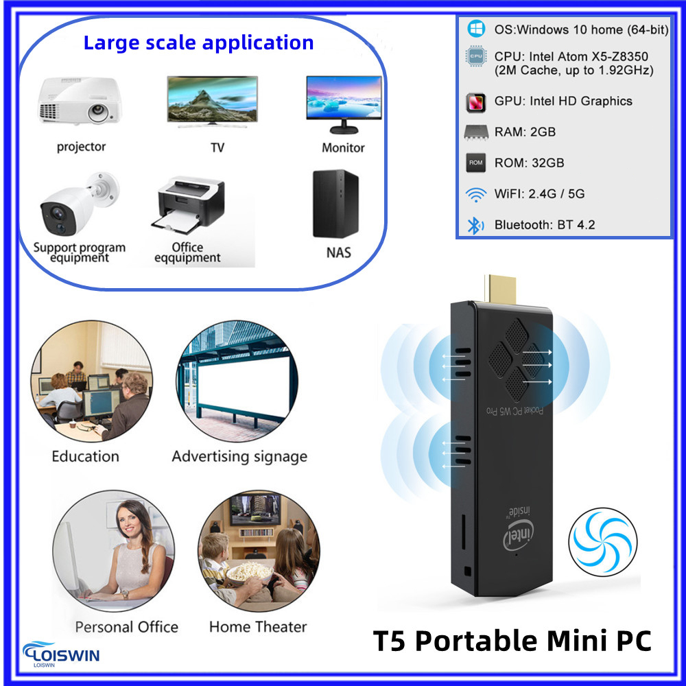 T5 Mini PC Stick Intel Z8350 Quad Core 8GB 128GB Windows 10 PC Pocket Stick 4K HD Dual WiFi ...