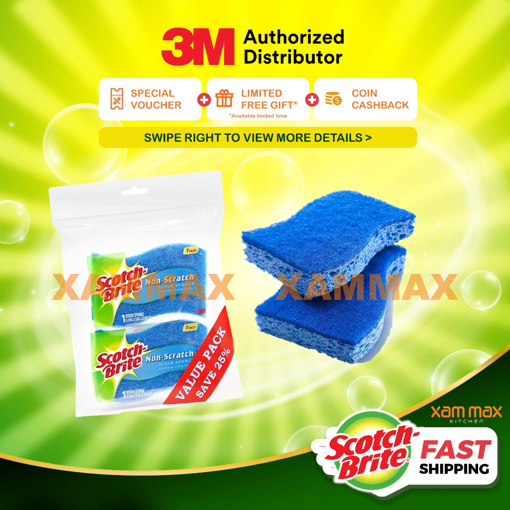 3M Scotch Brite - 1pcs (3929) / 2pcs (6612) / Non-Scratch Scrub Sponge ...