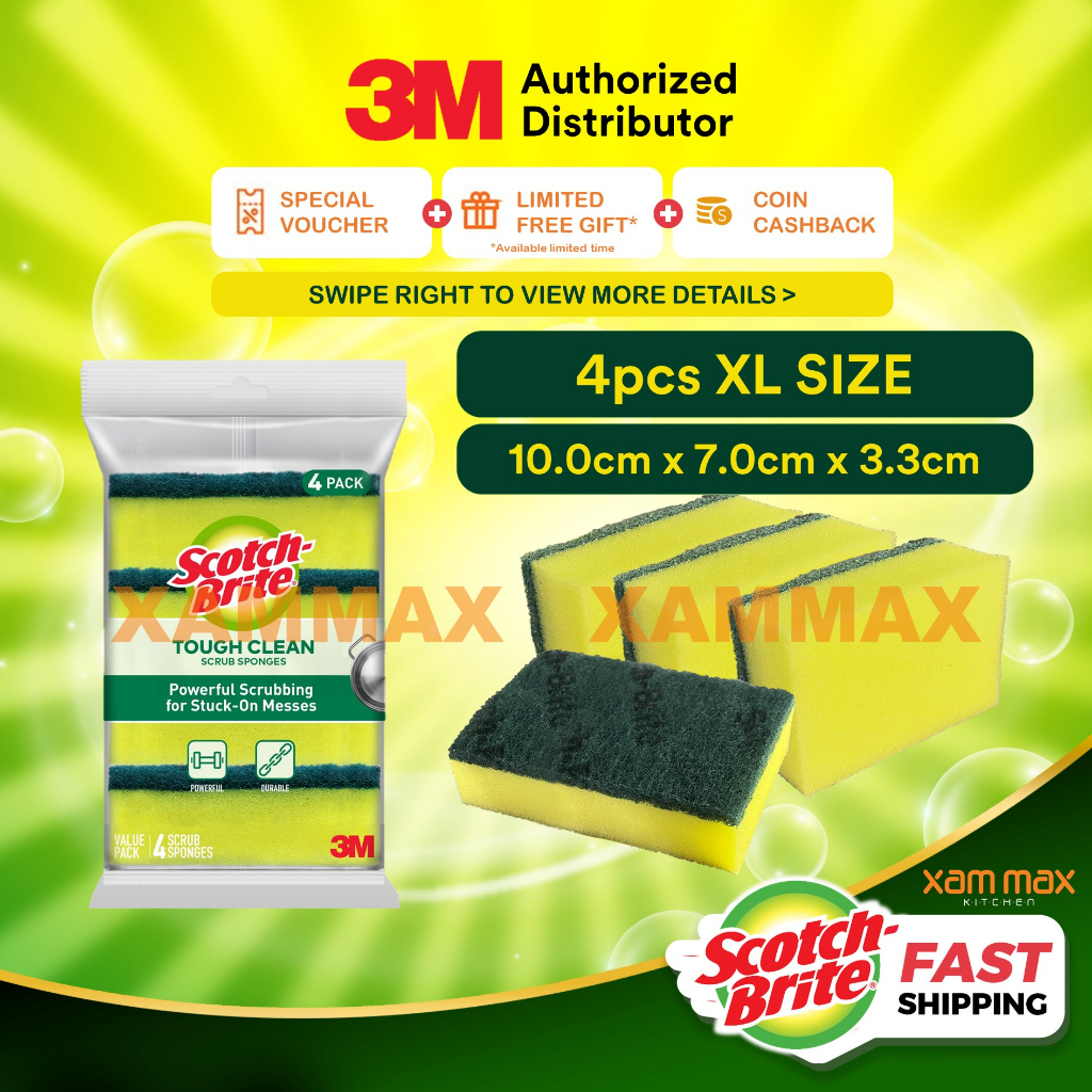 3M Scotch Brite 4's Tough Clean Scrub Sponge Heavy Duty Scouring Dish ...