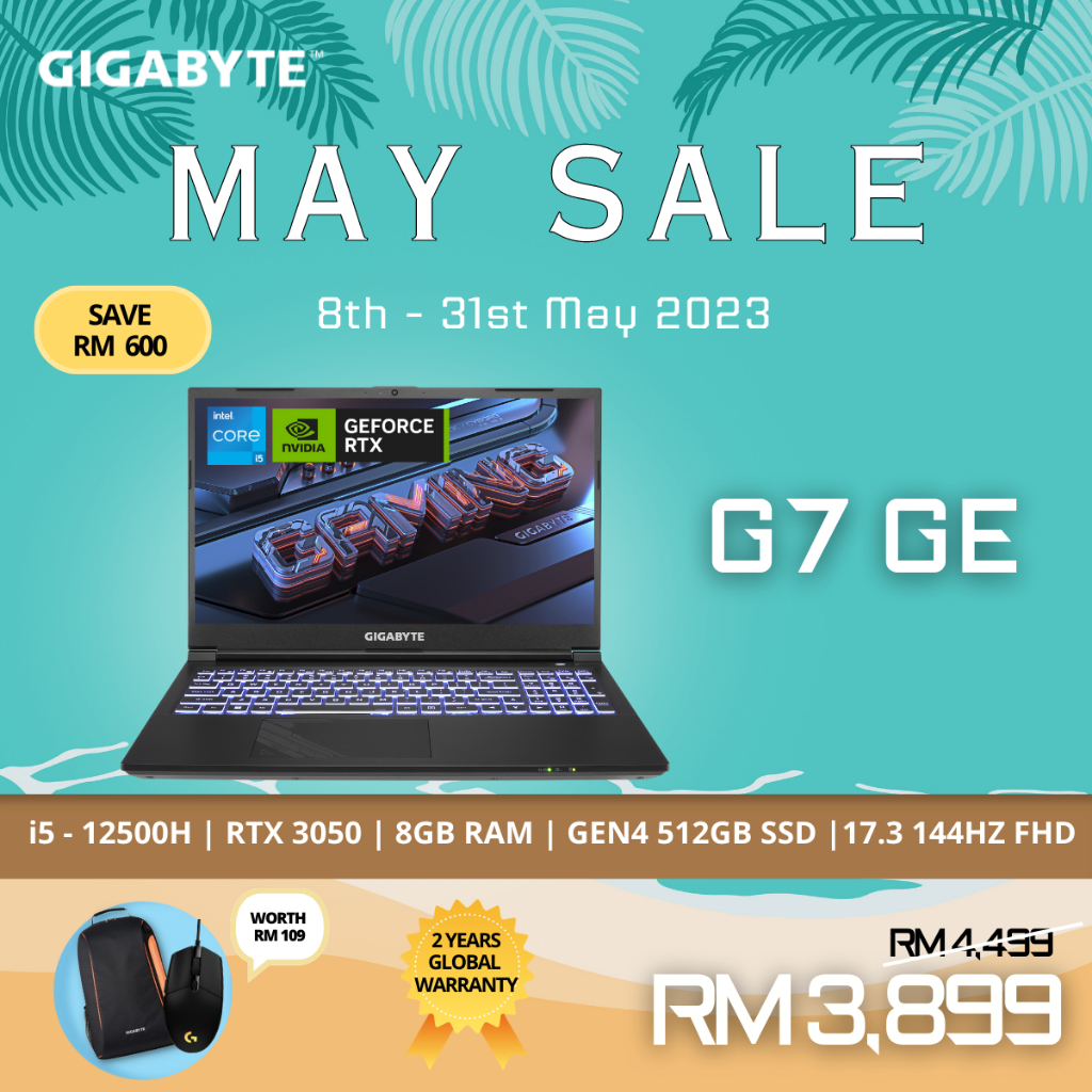 GIGABYTE G7 GE GAMING LAPTOP I5-12500H/8GB RAM DDR4/512GB SSD/17.3 FHD ...