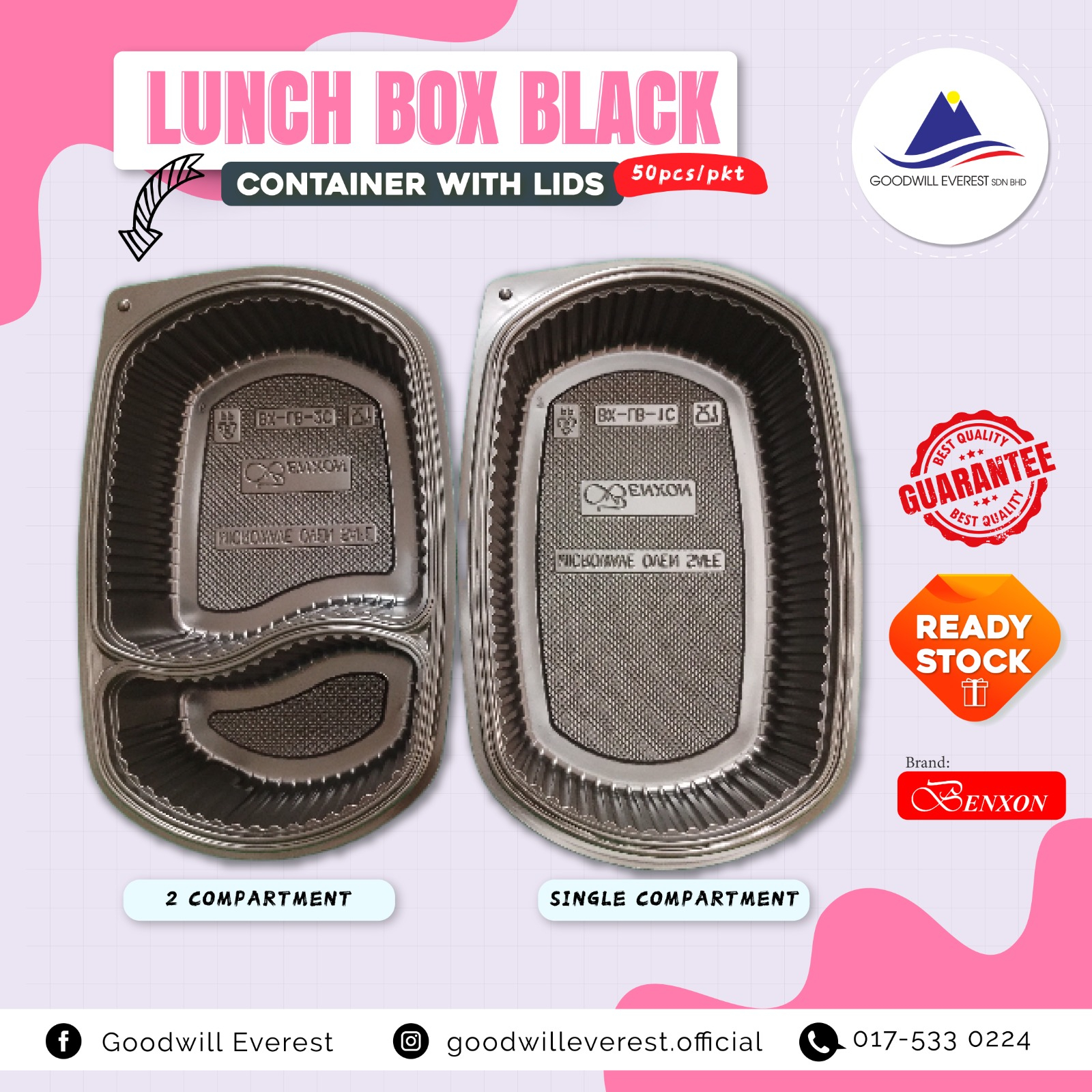 (50PCS) BENXON Black PP Lunch Box 1 Compartment / 2 Compartment with ...