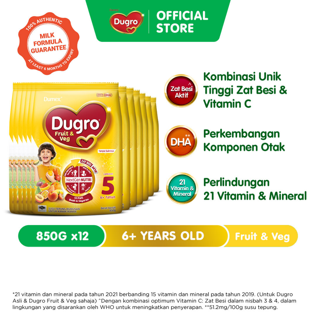 Dumex Dugro Step 5 Fruit & Veg Growing Up Milk Formula 6+ years (850g x 12) (Susu, Milk Powder ...