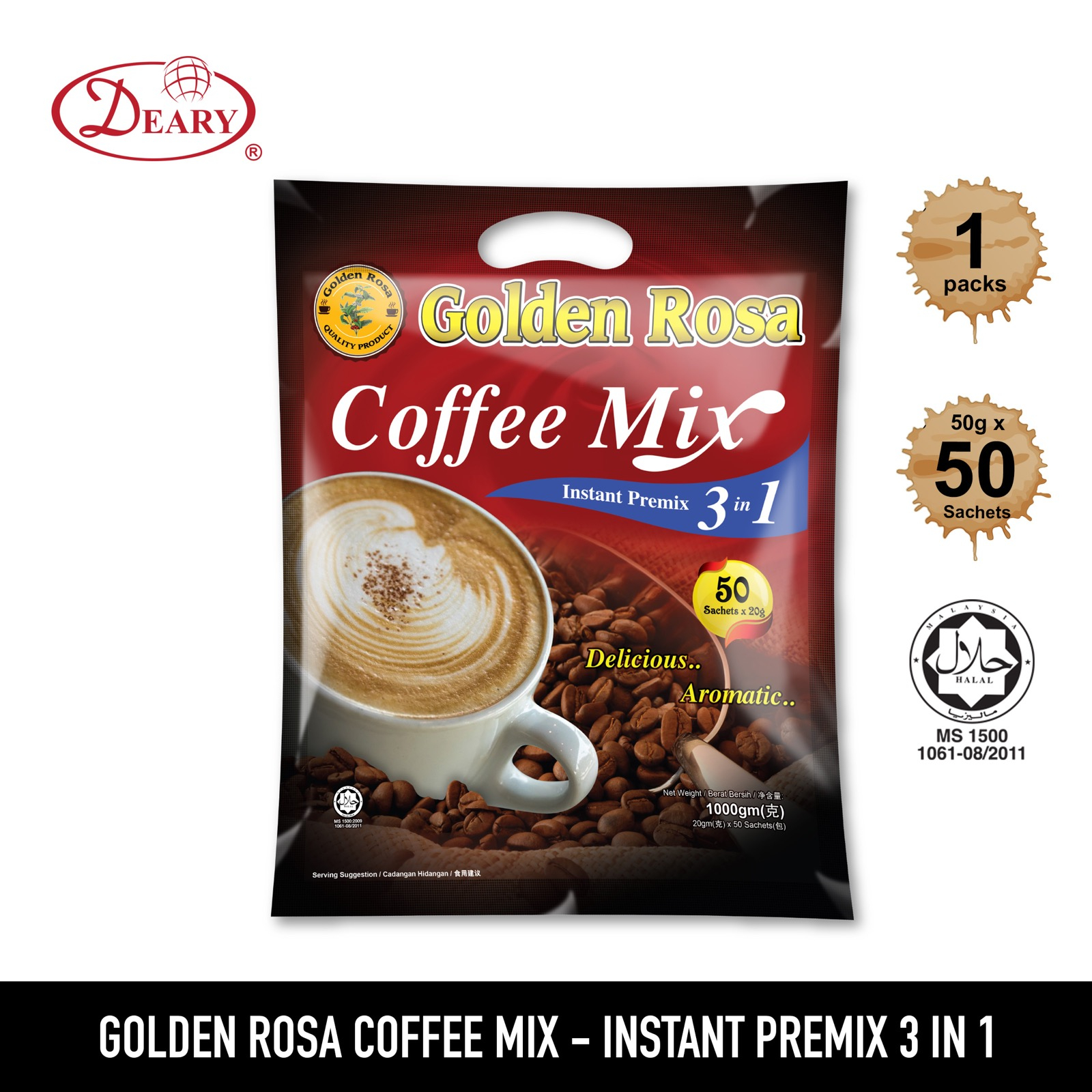 Deary Golden Rosa Coffee Mix 3-In-1 White Coffee (20g x 50 Sachets x 1 ...