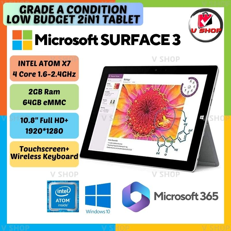 [USED] Microsoft Surface 3 10.8" 2 in 1 Tablet Intel Atom x7 Quad-core ...