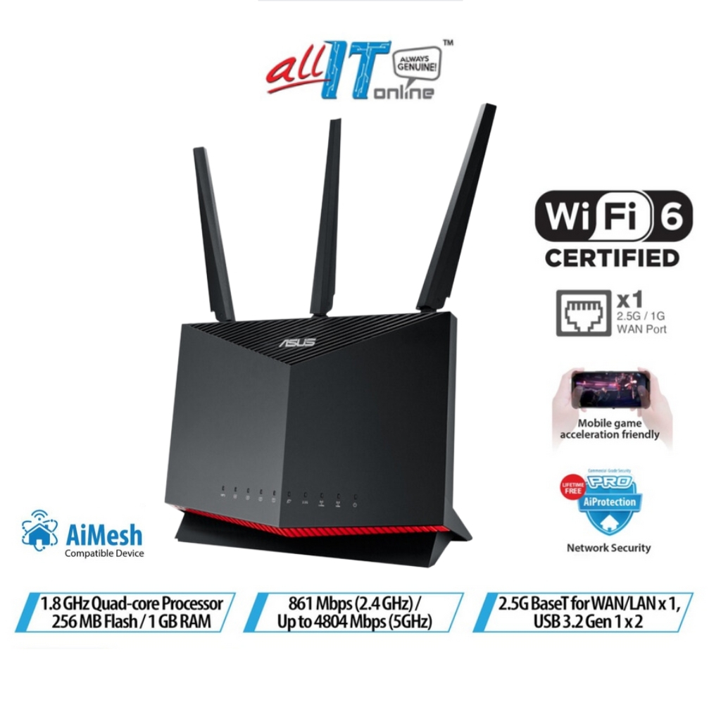 ASUS RT-AX86U Pro WiFi 6 AX5700 Wireless Router Dual Band AiProtection Pro Security Extendable ...