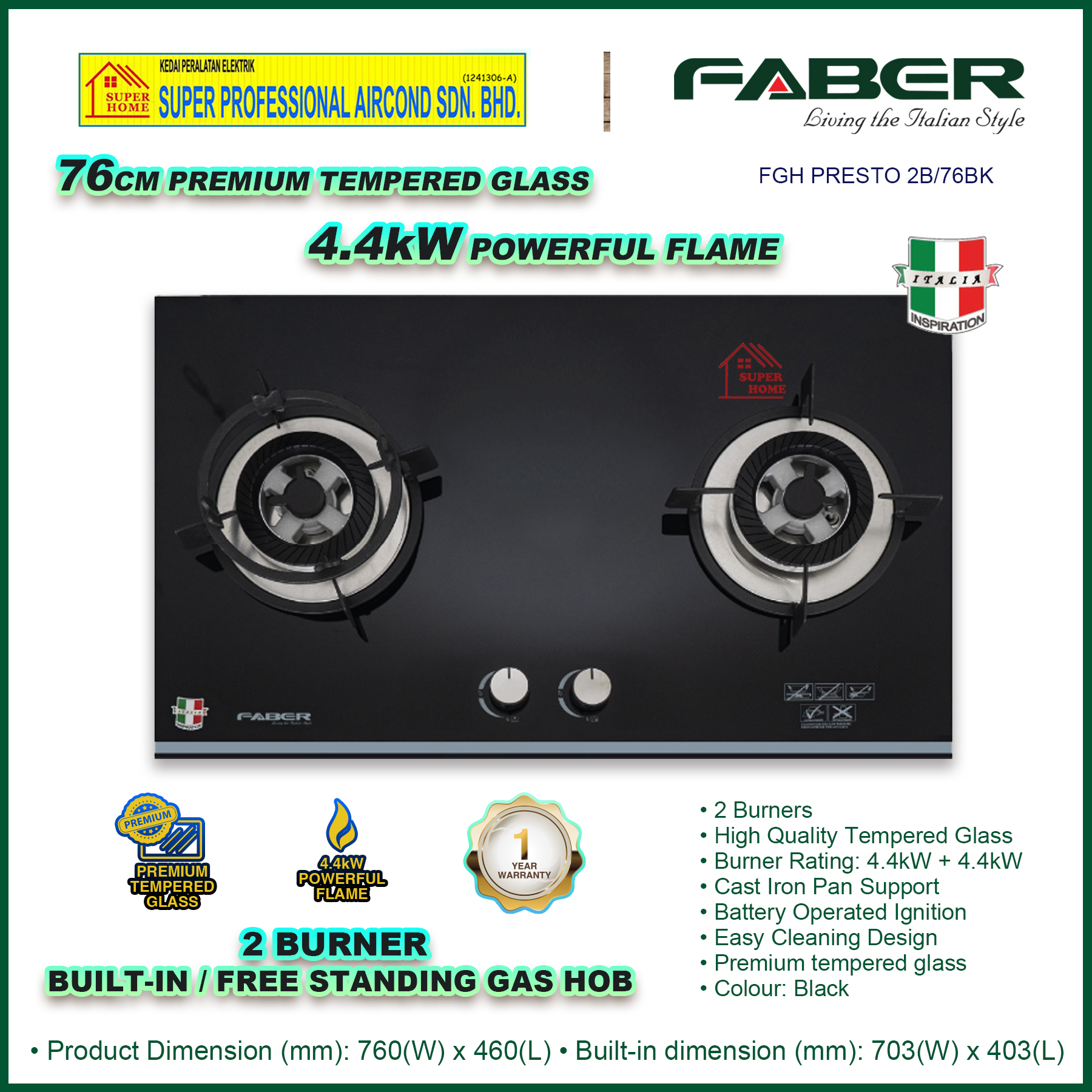 Faber Built-in Hob FGH PRESTO 2B/76BK (2 Burners) 76cm Tempered Glass ...