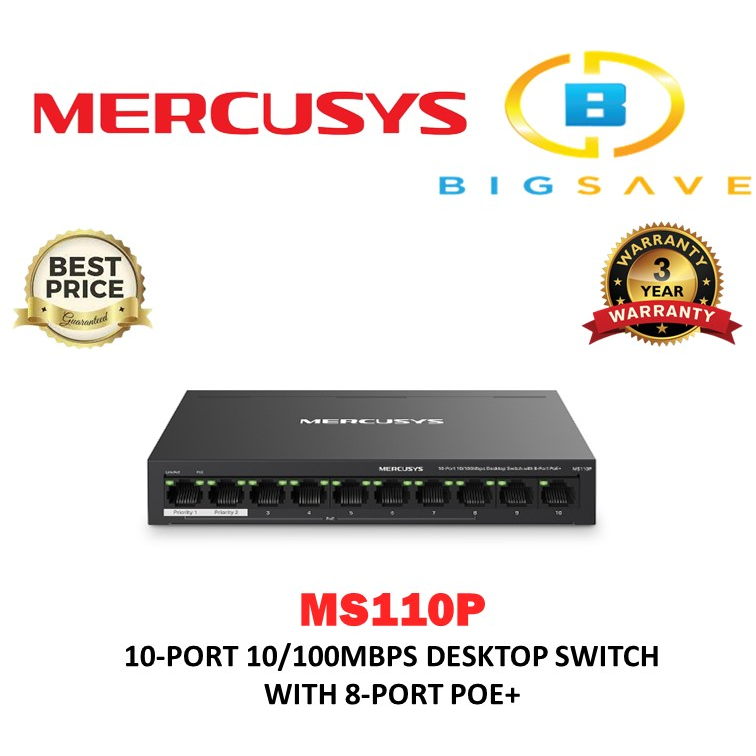 MERCUSYS MS110P 10-PORT 10/100MBPS DESKTOP SWITCH WITH 8-PORT POE+ ...
